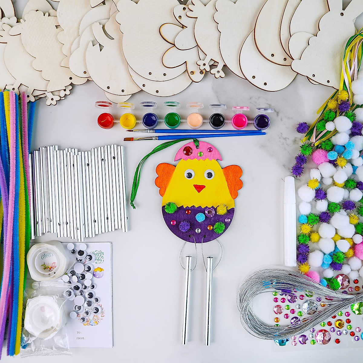 Winlyn 36 Sets Wooden Easter Wind Chimes Ornaments Easter Craft Kits Paintable Unfinished Wood Easter Egg Bunny Chick Tulip Pom Poms Wind Chimes Arts and Crafts for Spring Party Activities