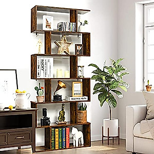 Tangkula 6 Tier S Shaped Bookshelf, 31.5''L x 9''W x 75''H, Wooden Bookcase and Bookshelves w/Anti-Toppling Device, Room Divider Display Shelves for Living Room, Home Decor, 6 Shelf Bookshelf
