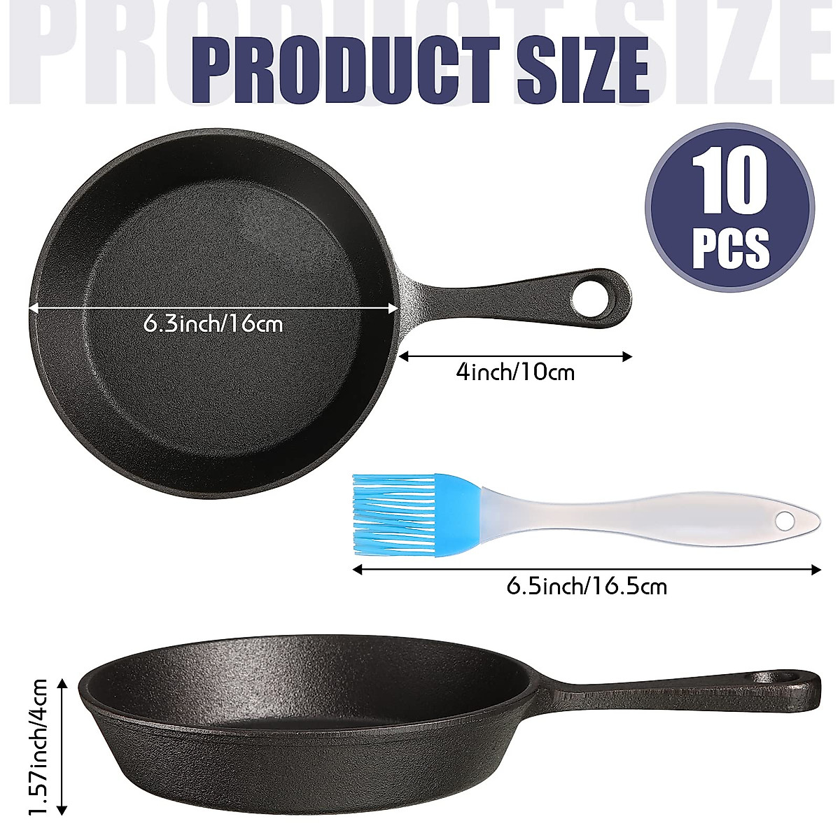 10 Sets Mini Cast Iron Skillets Small Black Cast Iron Skillet Mini Sizzling Plate Cast Iron Skillets Mini Frying Pan Cast Iron Set with Oil Brush for Indoor Outdoor Restaurant Kitchen (Round)