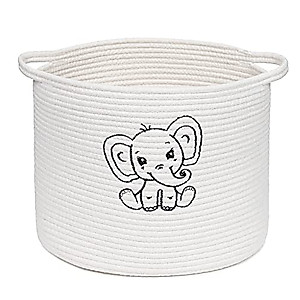 OHTY - Nursery Baby Basket with Cute Elephant, Toy Basket, Nursery Basket, Blanket Basket, 14”x11”x12 (White)