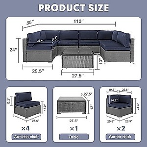 Betterland 7 Piece Outdoor Sectional Sofa Patio Furniture Set, All-Weather PE Grey Wicker Patio Conversation Set with Washable Cushion and Glass Table,Outdoor Propane Heater(Dark Blue Cushions)