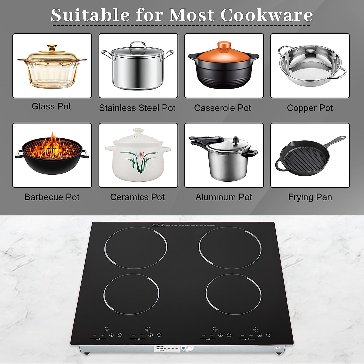 3000W 110V Cooktop Portable 4 Burners Electric Built-in Cooktop Sensor Touch Control Countertop Electric Hot Plate with Kid Safety Lock and 2H Timer, 9 Heating Level, no plug