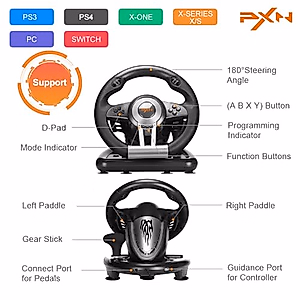 PXN PC Racing Wheel, V3II 180 Degree Universal USB Car Sim Game Steering Wheel with Pedals for Xbox One, Xbox Series S/X PS3, PS4, Switch