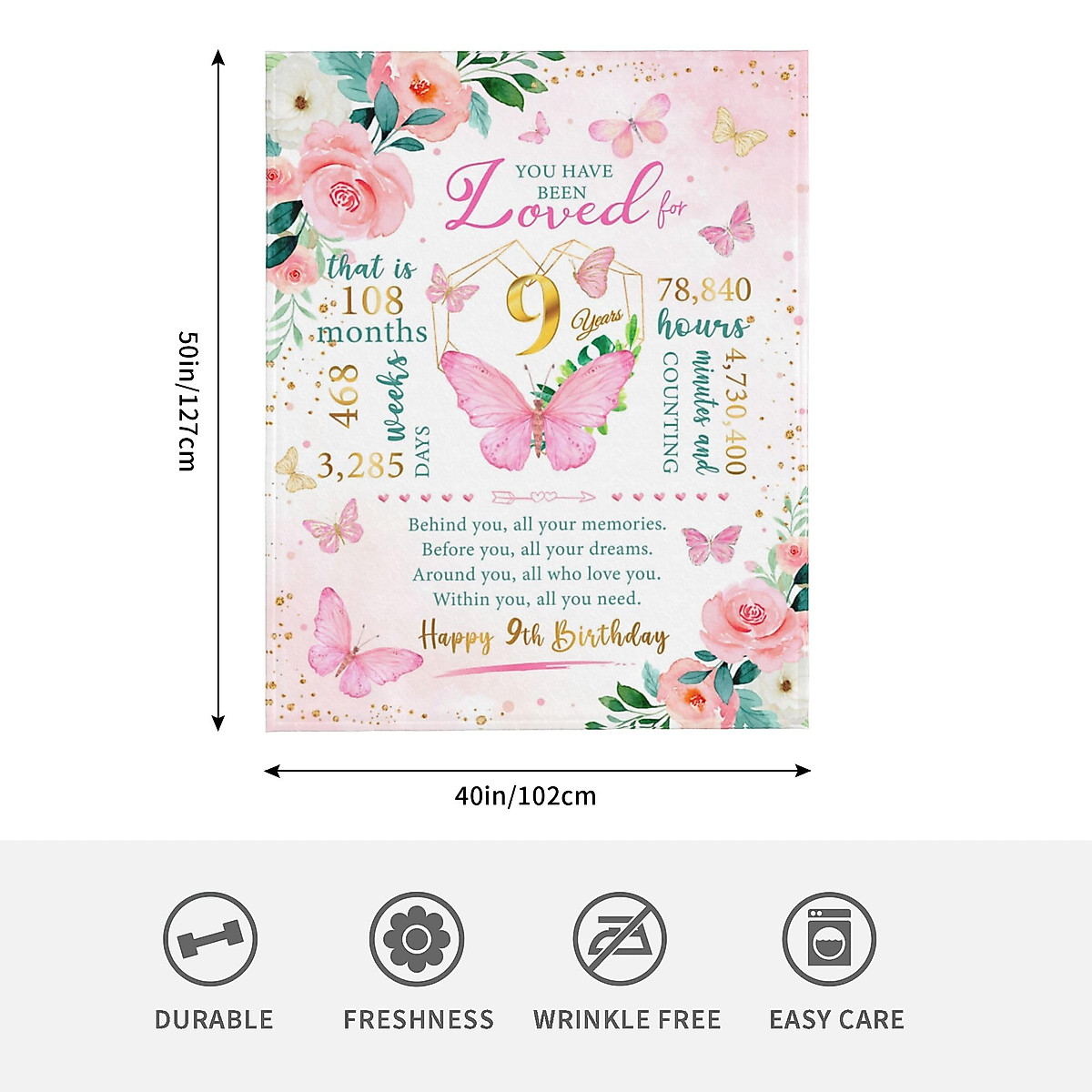 Vervehub 9 Year Old Girl Birthday Gifts Blanket 50"X40", 9 Year Old Girls Gift, Birthday Gifts for 9 Year Old Girls, Best Presents for 9 Year Old Girls, 9 Yr Old Girl Gift, 9th Birthday Gifts