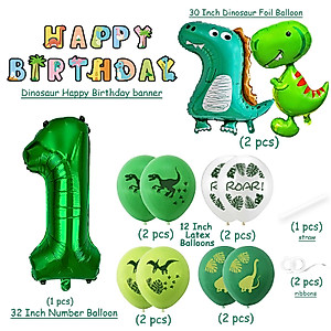 Dinosaur First Birthday Decorations, Large Dinosaur Foil Balloons, Happy Birthday Banner, Number 1 Balloon, Dinosaur Printed Balloons for Girl Boy 1st Birthday Party Decorations Baby Shower Supplies