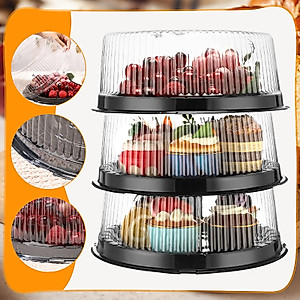 Tanlade 12 Pcs 8 Inch Plastic Cake Container and 100 Pcs Black Plastic Forks Cake Carrier with Clear Dome Lid Clear Cake Box Round Disposable Cupcake Containers Cake Platter with Cover
