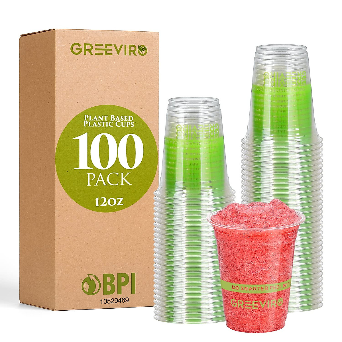 GREEVIRO Eco Compostable Plant-Based Clear Plastic Cups 12oz Thick, Reusable, Disposable Iced Coffee Cups for Smoothies, Beer & Any Beverages for Parties, Weddings & Gatherings