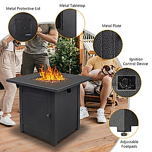 SEALAMB Outdoor 28" Square Fire Pit Table, Propane Fire Pit Table with Lid & Glass Wind Guard, CSA-Certified, 50000 BTU Gas Firepit for Outside Paito & Garden