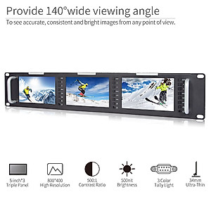 FEELWORLD T51 2RU Triple 5 Inch SDI Rack Mount Broadcast Monitor LCD 800x400 3G SDI HDMI AV Input and Output