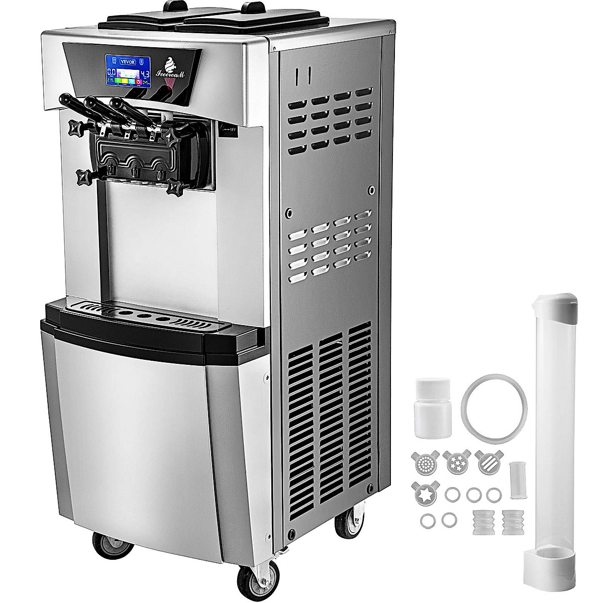 VEVOR 2300W Commercial Soft Ice Cream Machine, 3 Flavors Soft Serve Maker, 4.4 to 6.6 Gallons per Hour, Pre-Cooling at Night, Auto Clean with LCD Panel, for Restaurants Snack Bar, Stainless Steel