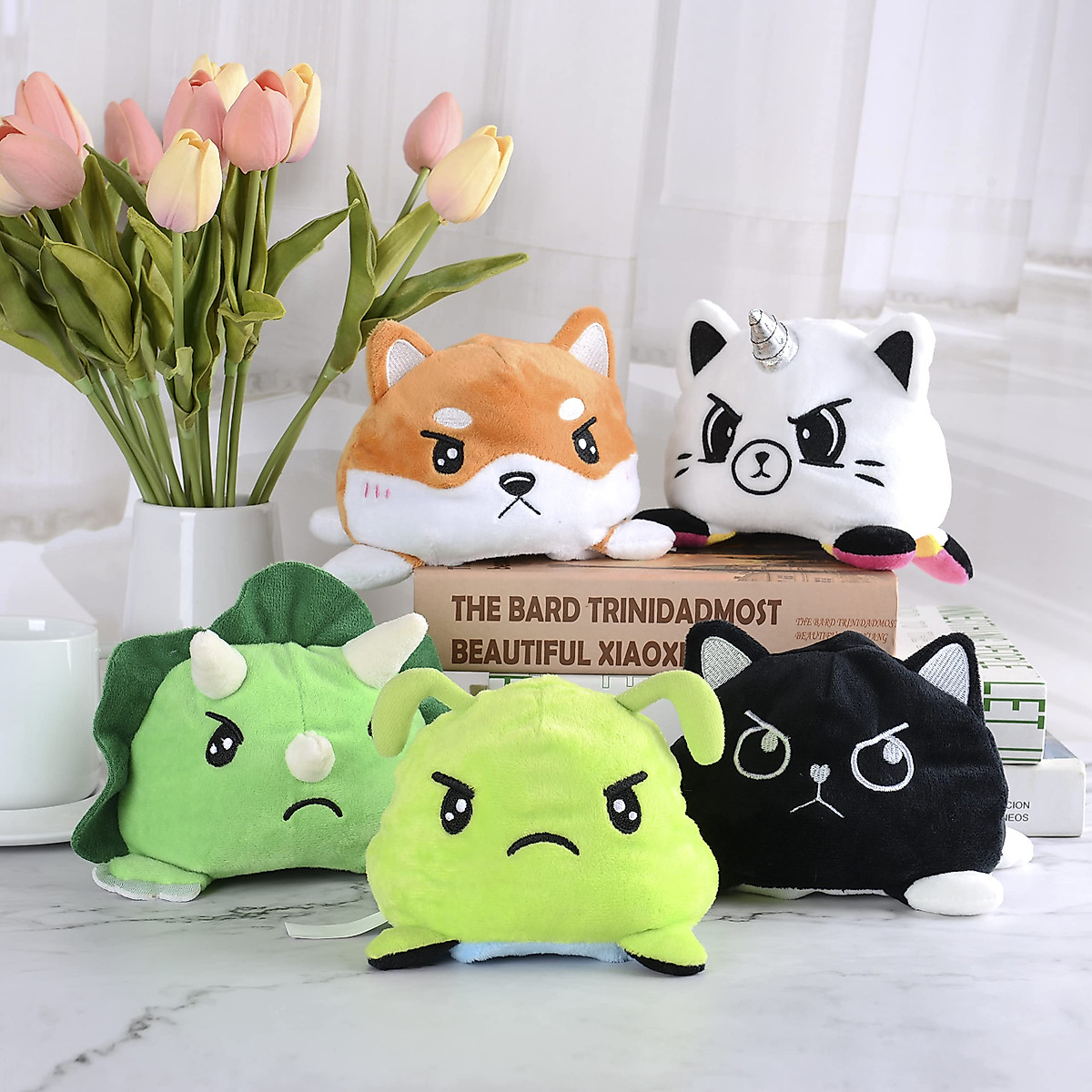 Toy Storage World Reversible Plushie Cat Toy - Soft Cat Plush Toys, Double-Sided Cat Stuffed Animal with Happy & Angry Mood - Kawaii Plush Doll, Sensory Fidget Toy Gift for Kids & Adults