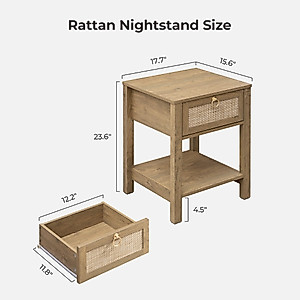 SICOTAS Nightstand Set of 2 - Rattan Decor Drawer with Brass Knobs Night Stand Bedside Table Boho End Tables Side Tables with Storage Shelf for Bedroom, Small Space