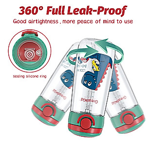 Bunnytoo Water Bottle for Active Children Over 2 Years with Soft Straw, Convenient Handle, and Spill-Proof Design 16oz (Dinosaur,Red)