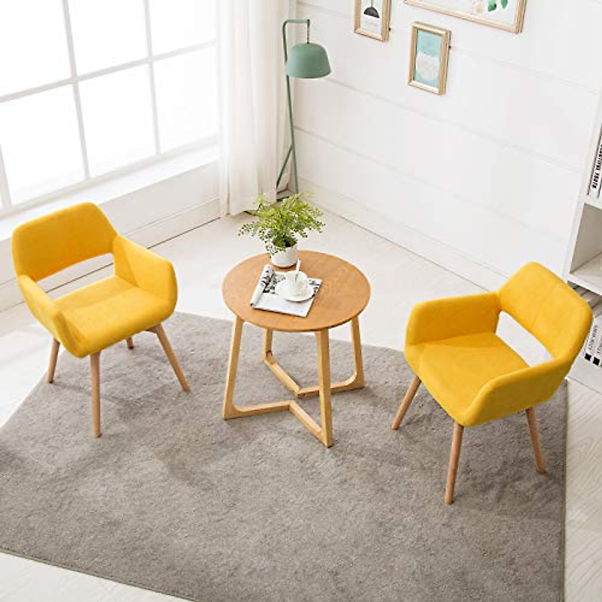 ceedment Small Modern Living Dining Room Accent Arm Chairs Club Guest with Solid Wood Legs(2, Yellow)