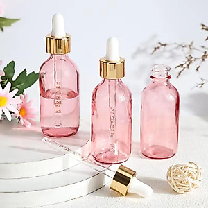 KURTOTEP 24 Pack 2 oz Glass Dropper Bottle with Top Cap Pink Tincture Bottles, 2 Plastic Eye Droppers Measured Pipettes, Essential Oil Bottles Perfume Cosmetic Travel Liquid Containers (pink, 24)