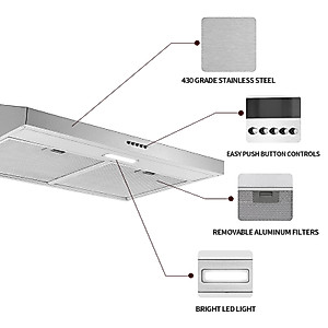 SNDOAS Under Cabinet Range Hood 30 inch,Kitchen Hood with LED Light,Push Button Controls,3 Speeds,Stainless Steel Range Hood,Ducted/Ductless Convertible Kitchen Over Stove Vent,Charcoal Filter