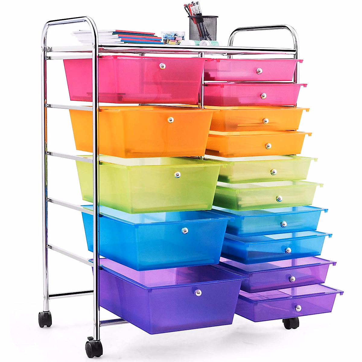 Giantex 15-Drawers Rolling Storage Cart, Mobile Book Paper Organizer Utility Trolley with Wheels, Ideal for School, Office, Home (Rainbow)