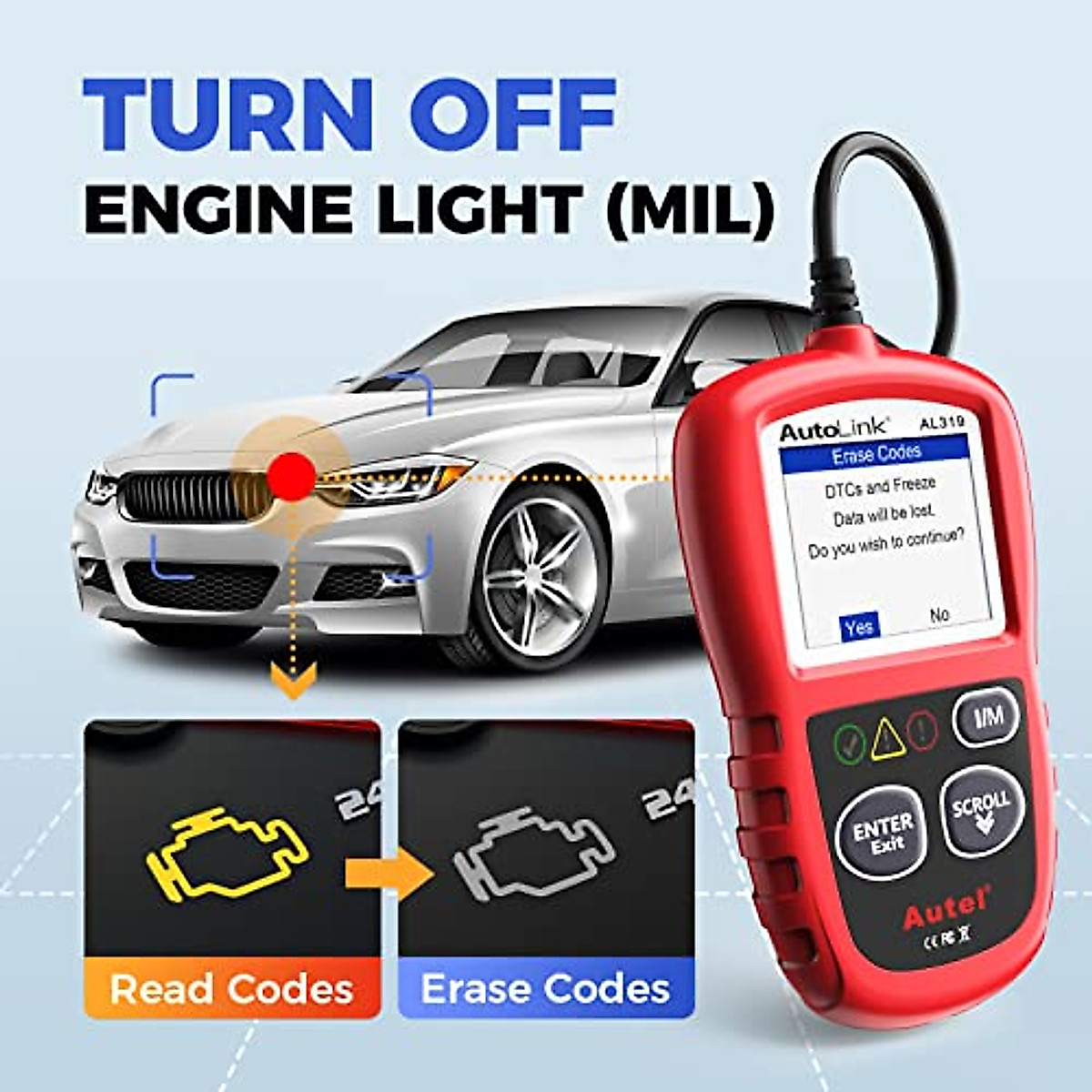 Autel OBD2 Scanner Autolink AL319 Code Reader Read and Erase Codes Check State Emission Monitor Status Powerful Scan and Car Diagnostic Tool