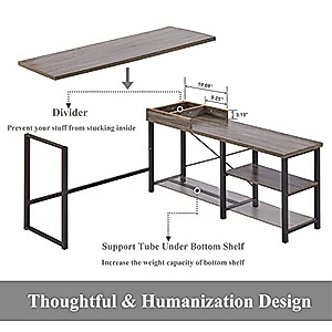 BON AUGURE Industrial L Shaped Computer Desk with Shelves, Rustic Wood Home Office Desks, Reversible Corner Desk with Storage (59 Inch, Dark Grey Oak)