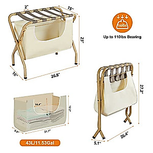 ELYKEN 2 Pack Luggage Rack with Laundry Bag, Guest Room Folding Space Saving Suitcase Holder, Max 110LBS Baggage Shelf with Heavy Duty Nylon Belts, Dirty Clothes Storage for Bedroom Hotel, Gold