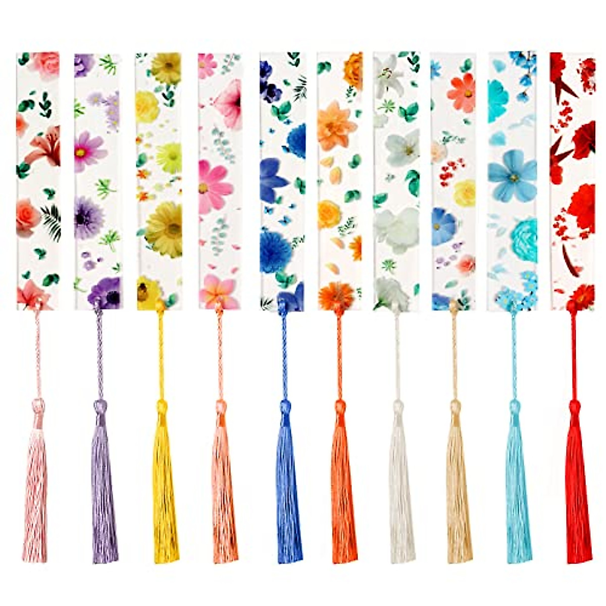 proturbo 20 Sets Acrylic Dried Flower Bookmarks with Colorful Tassels 1x5.5inch Transparent Resin Floral Bookmarks Clear Acrylic Pressed Flower Bookmarks for Women Teacher Kids, 10 Styles
