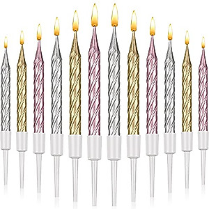 60 Pieces Gold Birthday Candles Spiral Cake Candles Metallic Cake Cupcake Candles Short Thin Birthday Candles with Holders for Birthday Wedding Party Cake Decorations (Gold, Silver, Rose Gold)