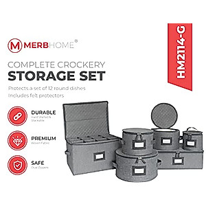 Merb Home - China Storage Set - Dinnerware & Glass Storage Containers - Hard Shell and Stackable Storage Boxes - Protects Dishes Cups and Mugs, Felt Plate Dividers Included (6-Pieces Grey)