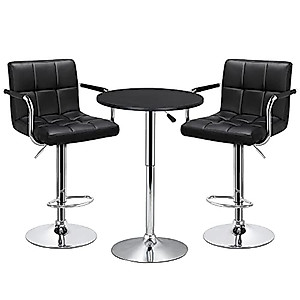 Yaheetech 3-Piece Bar Table Set, Round Bar Table and PU Leather Adjustable Swivel Chairs, Modern Counter Height Table Set with 2 Bar Stool for Kitchen, Black