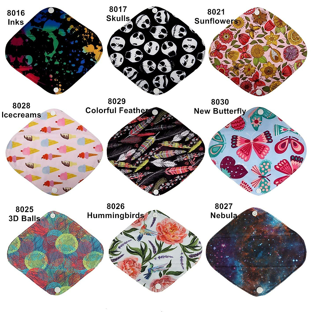 6 Pieces 8 Inch Charcoal Bamboo Mama Cloth/Menstrual Pads/Reusable Sanitary Pads/Panty Liners - You Choose 6 from 19 Designs and Email to Me
