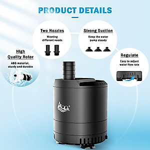 AQQA 160-800GPH Aquarium Submersible Water Pump with 2 Nozzles Adjustable Waterflow Ultra Quiet Electric Water Pump for Fish Tank Water Circulation Pool Draining Water Fountain (30W, 530GPH)