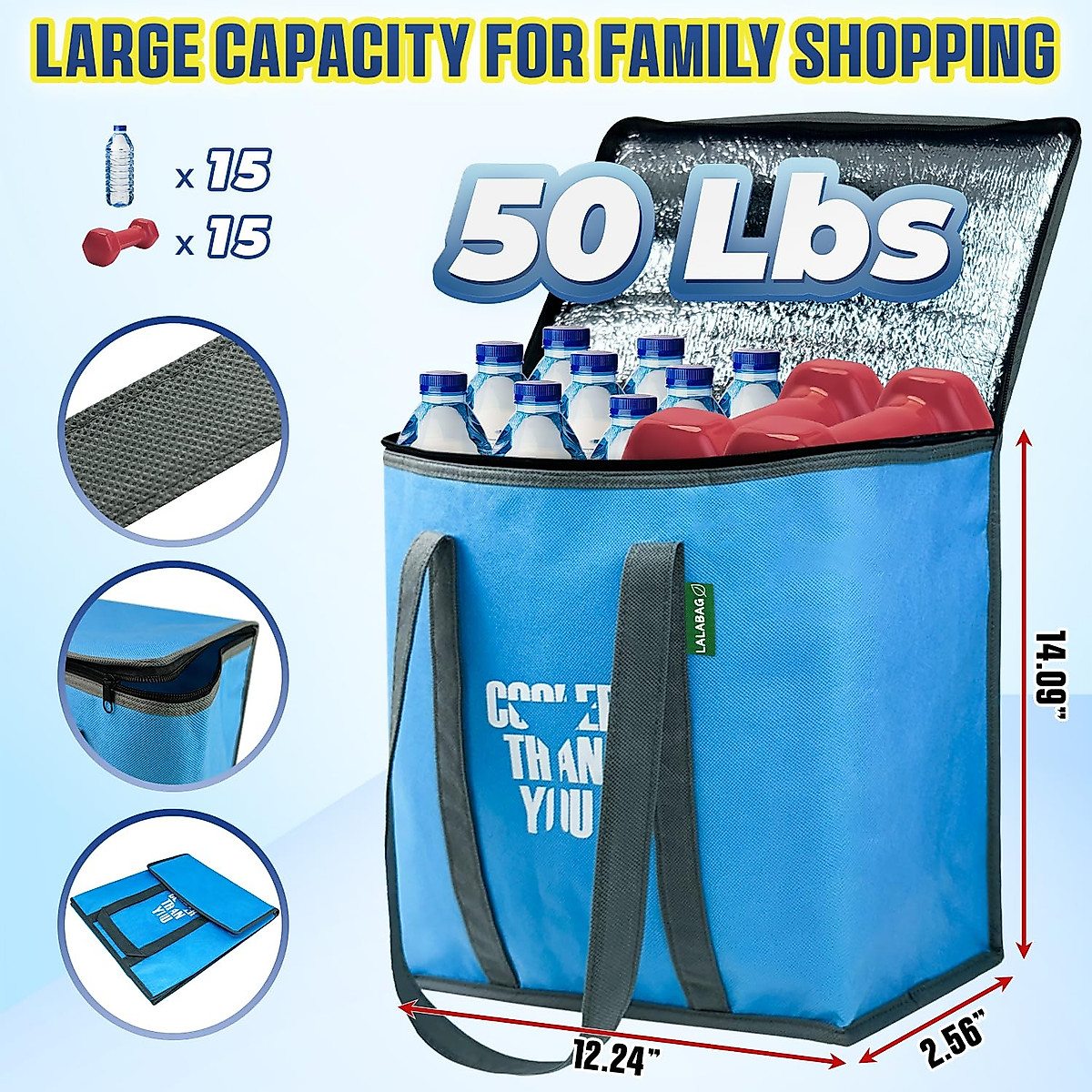 LALABAG Large Insulated Grocery Bag for Hot & Cold Food, Catering, and Delivery – Reusable, Foldable, Heavy-Duty Carrier for Frozen Items, Pizza, and Meal Transport (Pack 2)