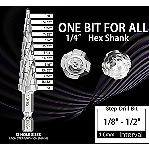 M35 Cobalt Step Drill Bit 1/8" - 1/2"（13 Sizes），Four Helical Flutes, 1/4" Hex Shank Drill.M35 Cobalt Step Drill Bit for Working Metal, Wood, Aluminum, Plastic, Great for DIYers