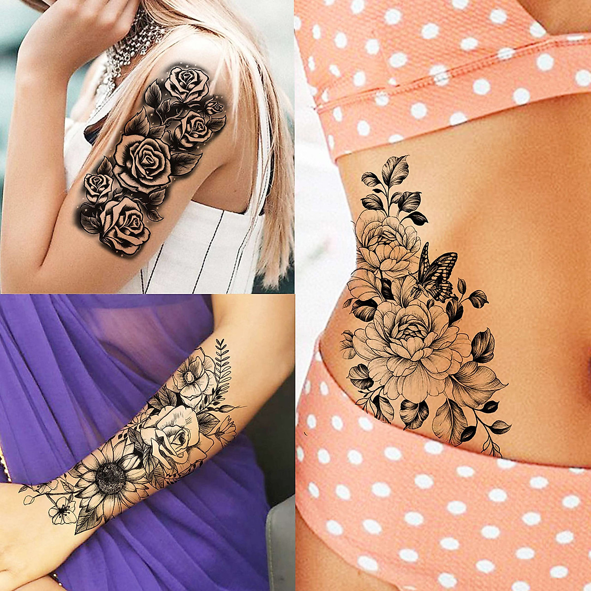 COKTAK 59 Sheets Sexy 3D Rose Flower Temporary Tattoos For Women Girls Arm Neck, Snake Floral Sunflower Leaf Peony Fake Tattoo Sticker Adult, Black Realistic Temp Tatoos Moon Dandelion Butterfly Thigh