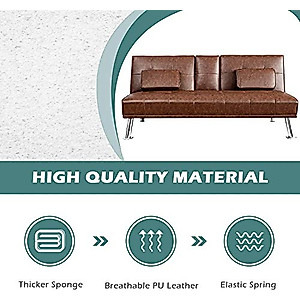 ARLIME Convertible Futon Sofa Bed, Faux Leather Sofa Sleeper W/Adjustable Backrest, Folding Cup Holder, Removable Armrests, Steel Leg, Modern Style Sofa Bed for Livingroom, Office, Apartment (Brown)