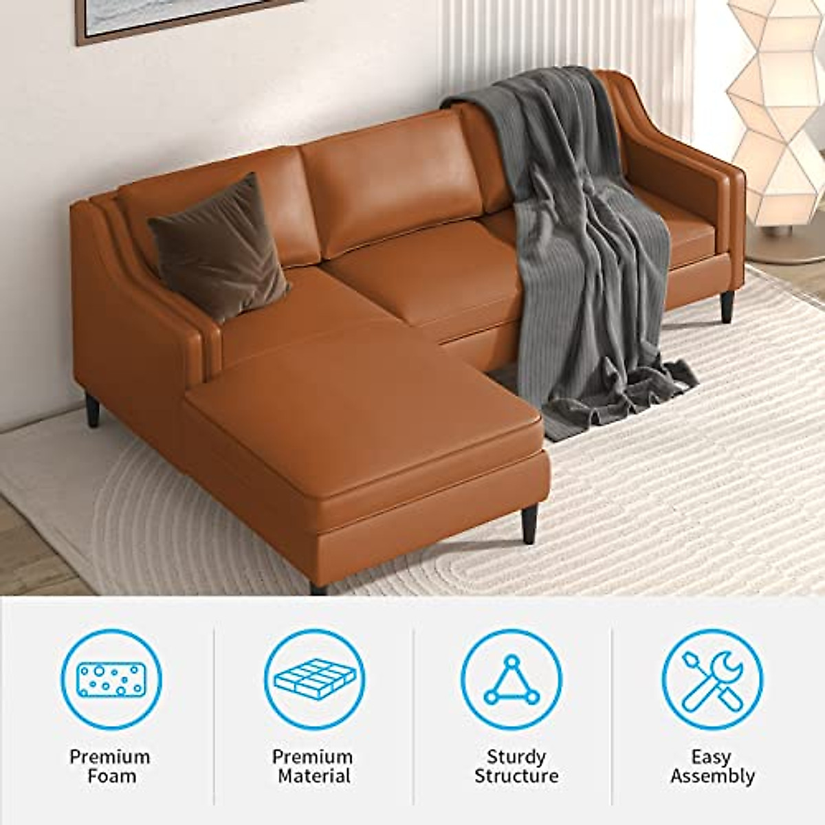 Mjkone Top Grain Leather Sectional Sofa Couch, Luxurious Upholstered Couches with Left Facing Chaise, Modular Lounge ＆ 2-Seater Couch Set for Living Room Apartment Office (Cognac Tan)