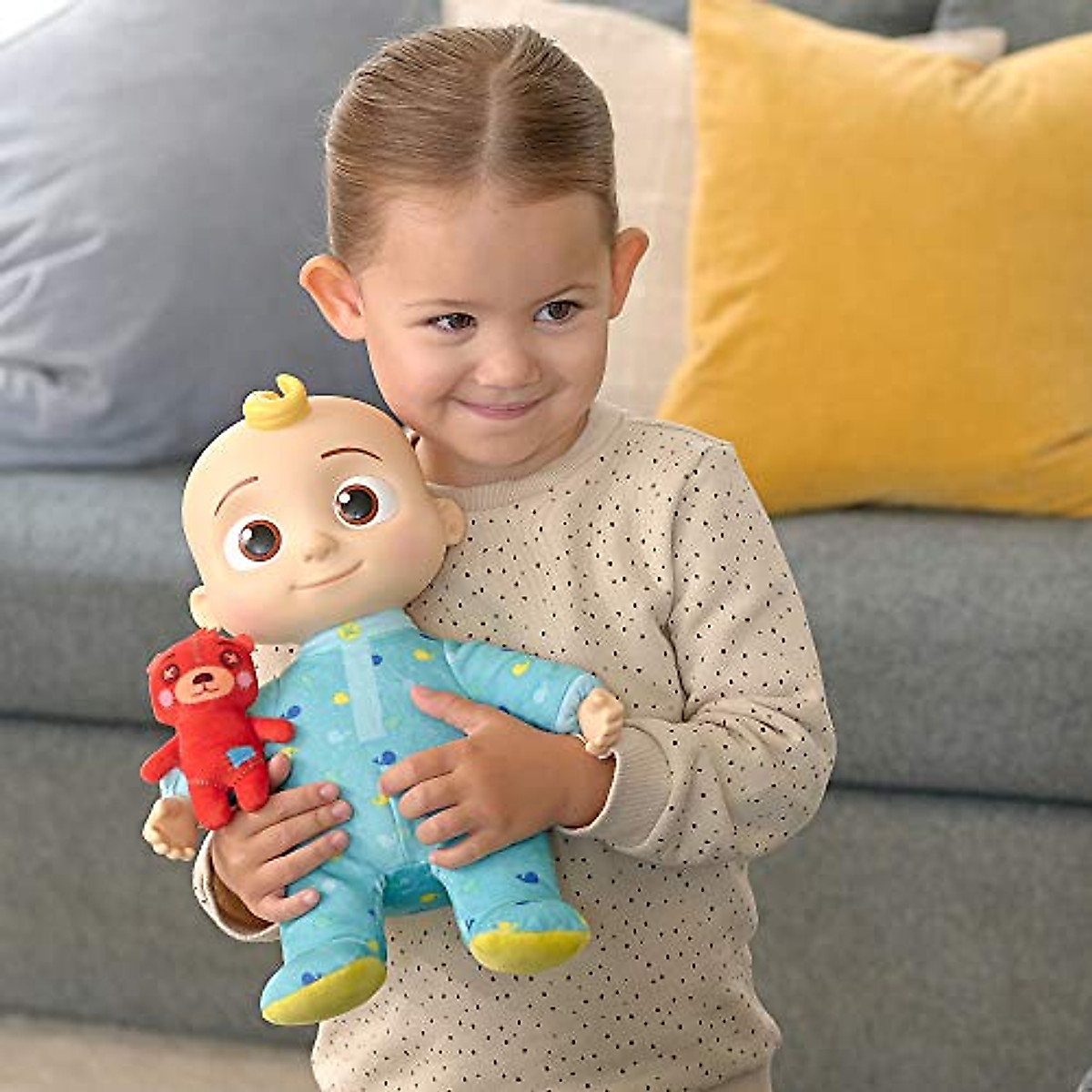 CoComelon Official Musical Bedtime JJ Doll, Soft Plush Body – Press Tummy and JJ sings clips from ‘Yes, Yes, Bedtime Song,’ – Includes Feature Plush and Small Pillow Plush Teddy Bear – Toys for Babies