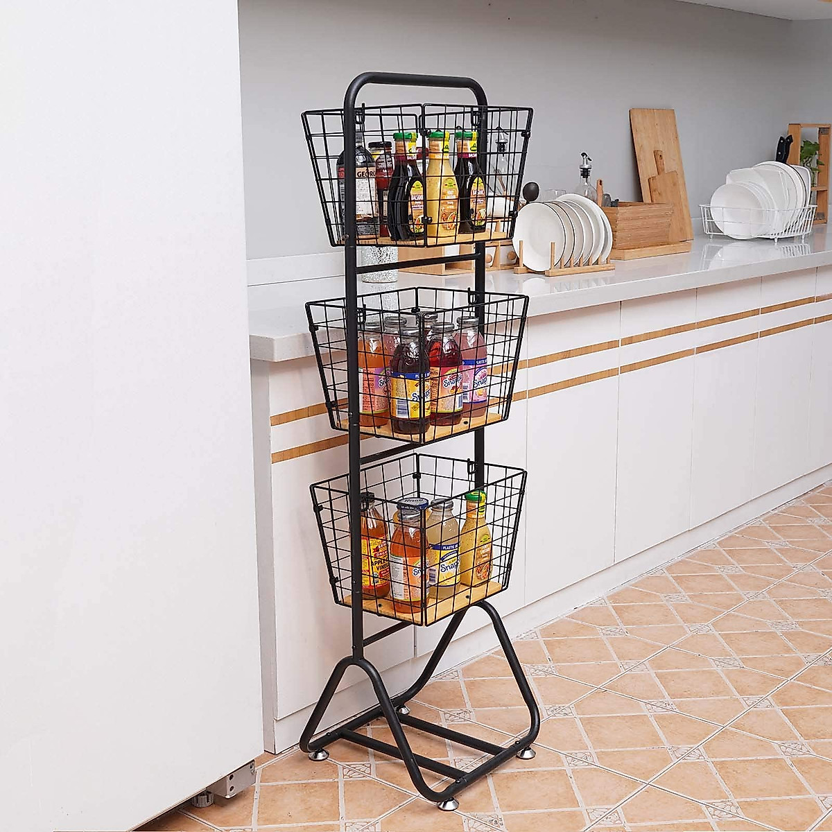 X-cosrack 3-Tier-fruit-Wire-Market-Basket-Stand Kitchen Snack Vegetable Metal baskets Storage Tiered Wire Basket Organizer Free-Standing for Fruit Vegetable Storage Pantry Bathroom (Bamboo)