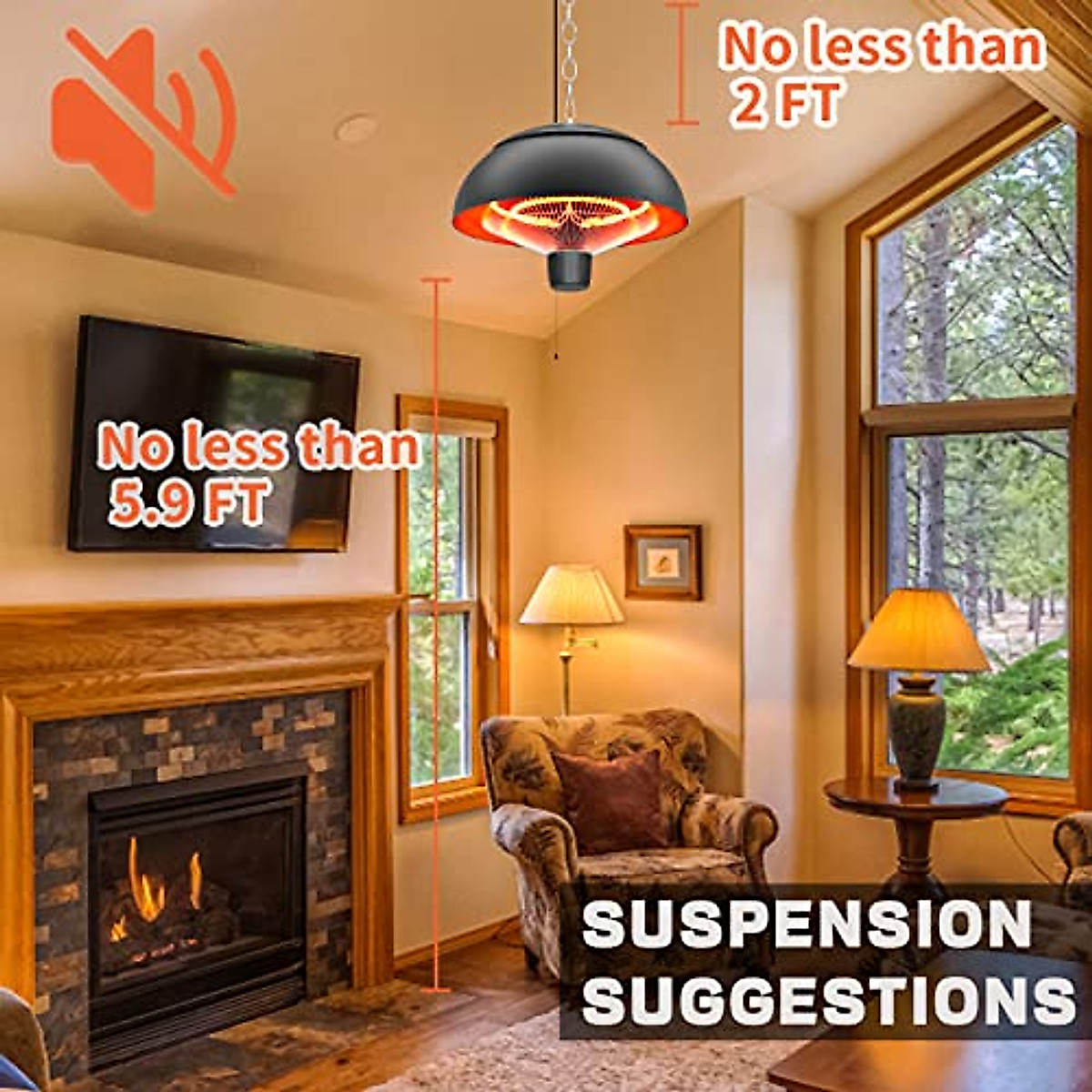 Patio Hanging Heater, Ceiling Mounted Heater, 1500W Outdoor/Indoor Waterproof Electric infrared Hanging Heater with 2 Modes Power (600W/1500W)