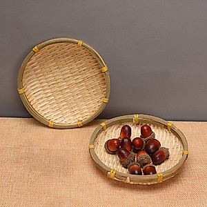 Hemoton Bamboo Woven Round Basket Tray Rustic Wood Decorative Serving Tray for Breakfast Drinks Snack Coffee Table Wall Hanging Home Decoration 18cm