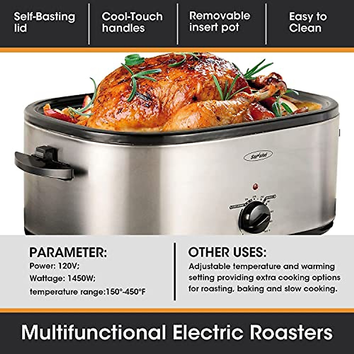 30lb 26-Quart Roaster Oven, Electric Roaster Oven with Viewing Lid, Sunvivi Turkey Roaster with Unique Defrost/Warm Function, Large Roaster with Removable Pan & Rack, Stainless Steel, Silver