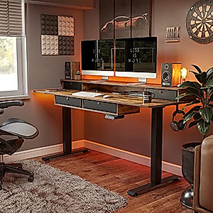 FEZIBO Height Adjustable Electric Standing Desk with 4 Drawers, 63 x 24 Inch Table with Storage Shelf, Sit Stand Desk with Splice Board, Black Frame/Rustic Brown Top, 63 inch