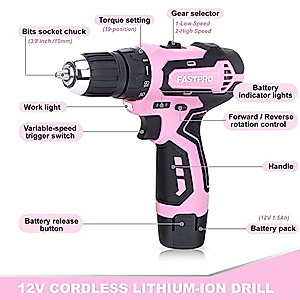 FASTPRO 175-Piece 12V Pink Drill Set, Cordless Lithium-ion Driver and Tool Kit, House Repairing Tool with 12-Inch Storage Bag, For DIY, Home Maintenance.
