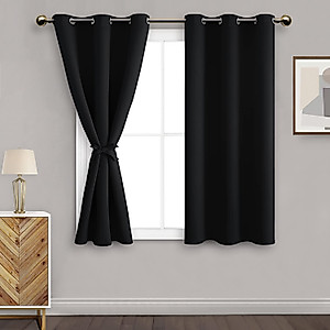 DWCN Black Blackout Curtains for Bedroom with Tiebacks - Thermal Insulated Light Blocking Grommet Window Curtains for Living Room, 38 x 45 inch Length, Set of 2 Panels