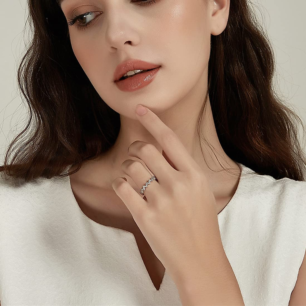 SHINYSO Weddings Band for Women Waved Thin Stacking Ring Full Cubic Zirconia Eternity Engagement Silver Ring Size 7