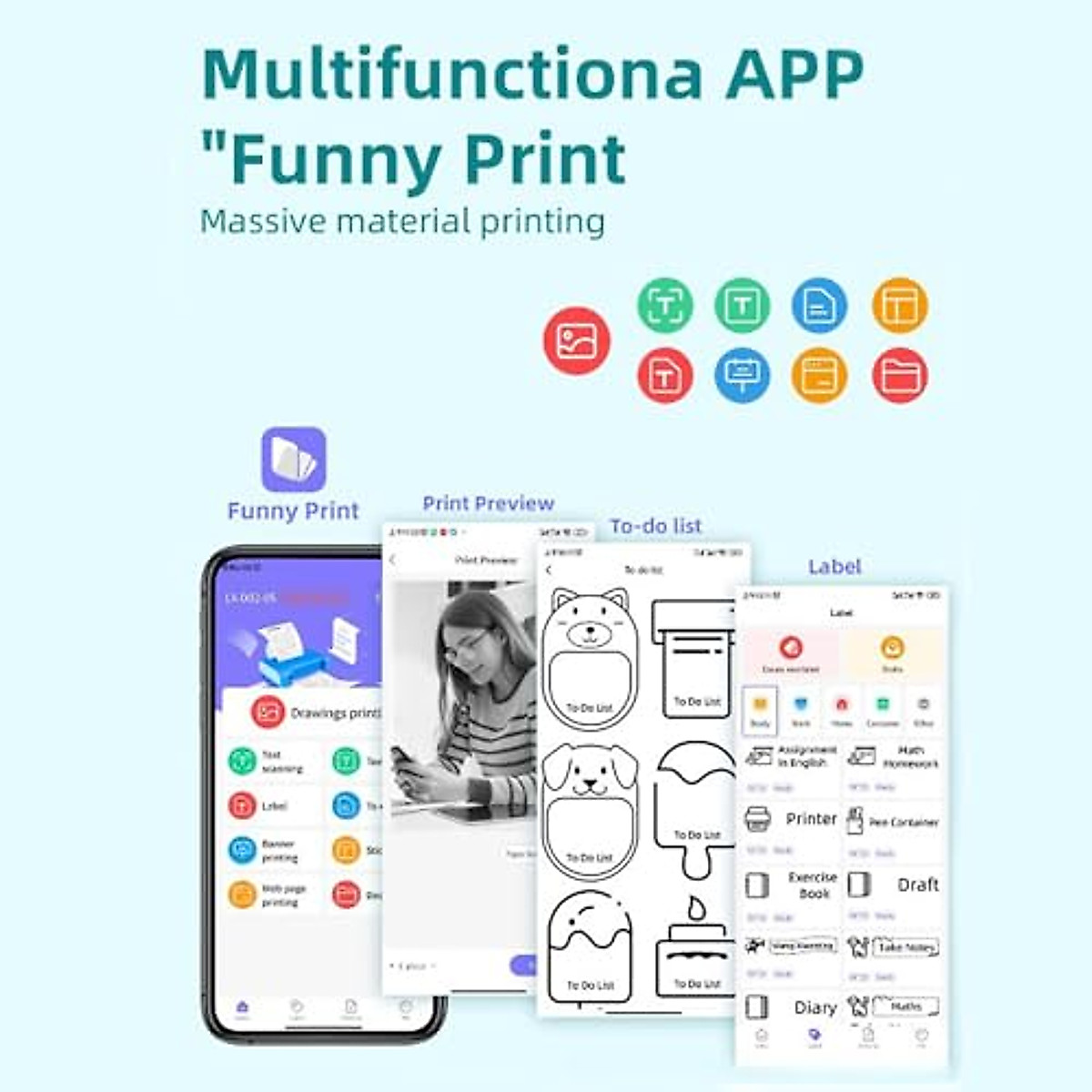 Bluetooth Thermal Shipping Label Printer, Portable Wireless Thermal Printer, Photo Sticker Printer, Support multiple devices, Portable Printers for Storage, School, Office, Home Use, Print Size 2.24in