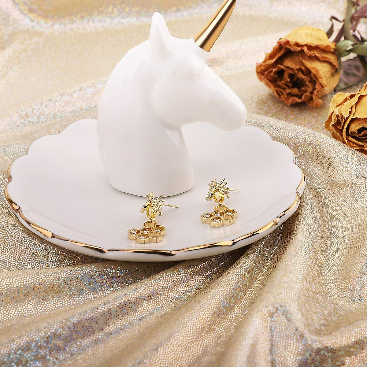 Emibele Dangle Earrings, 925 Sterling Silver Needle Cubic Zirconia Brass Small Bee & Honeycomb Drop Earrings for Women Ladies Adult Fashion Jewelry Accessories - Champagne Gold