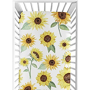 Sweet Jojo Designs Yellow, Green and White Sunflower Boho Floral Girl Baby or Toddler Nursery Fitted Crib Sheet - Farmhouse Watercolor Flower