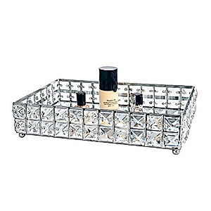 Feyarl Crystal Cosmetic Decorative Vanity Tray Jewelry Trinket Perfume Bottles Storage Organizer with Real Glass Surface for Dresser Table Home Deco12inch (Silver)