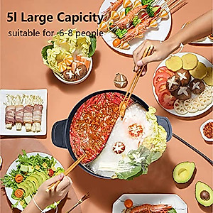 Joydeem Multifunctional Electric Hot Pot with Divider JD-DHG5A,Shabu Shabu Hot Pot,Double Flavor Non-Stick Hot Pot,Temperature Control,Large Capacity 5L for 6~8 people,1500W,White