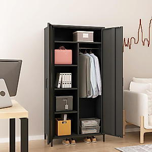 Steehoom Metal Armoire, Wardrobe Closet Cabinet with 1 Hanging Rod and 4 Shelves for Bedroom, Changing Room, Laundry Room, Office (Black)